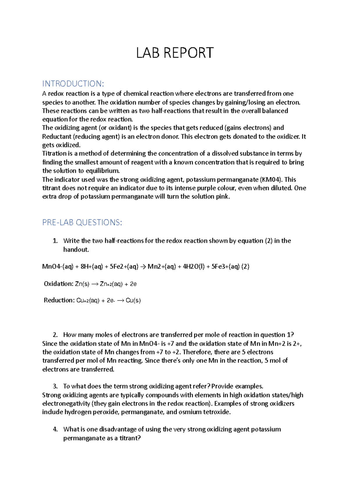 Upload lab - chem lab - LAB REPORT INTRODUCTION: A redox reaction is a ...