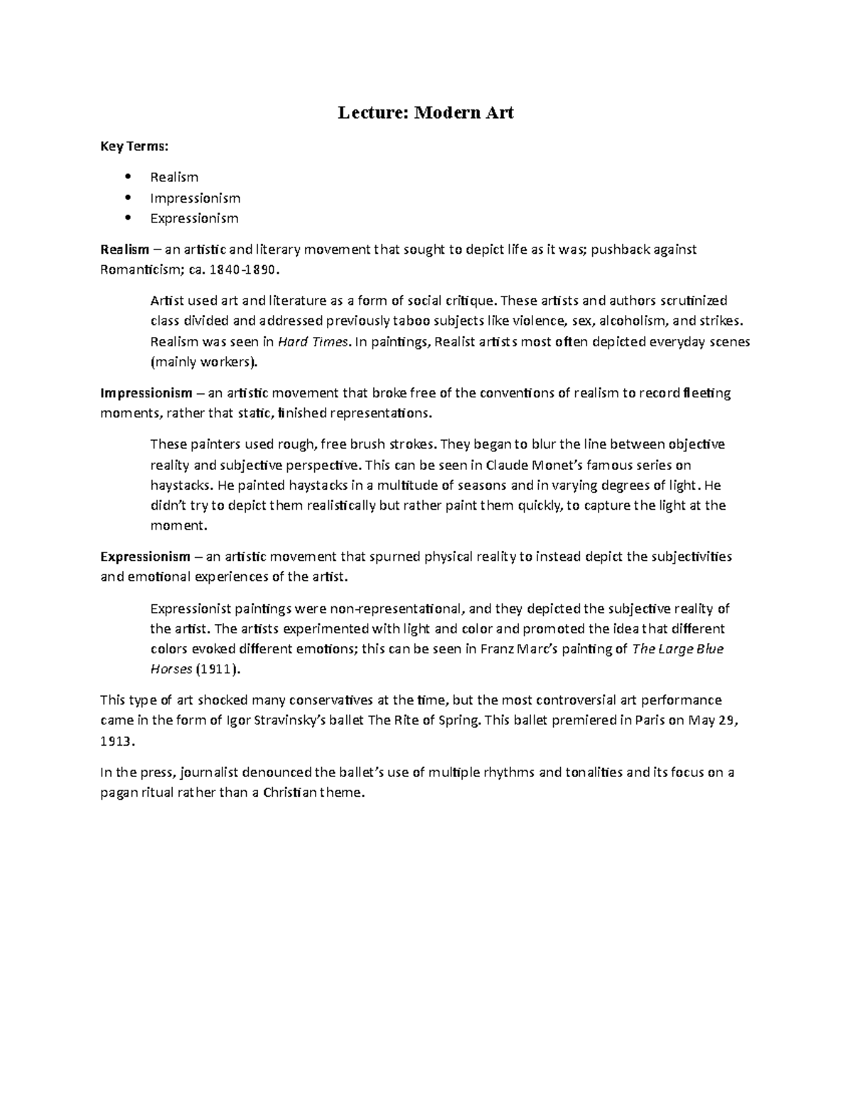 Modern Art Lecture Notes - Lecture: Modern Art Key Terms: Realism ...