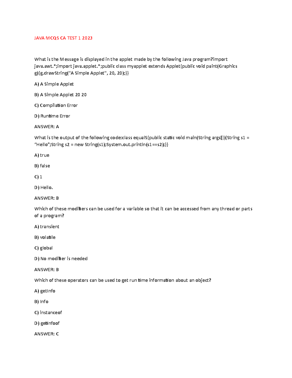 Alphas JAVA MCQS - Programing MCQ's - JAVA MCQS CA TEST 1 2023 What is ...