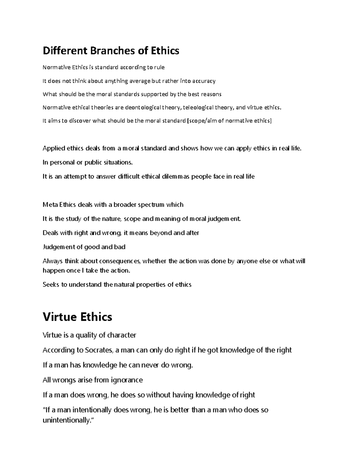 Notes on different chapters of Ethics - Different Branches of Ethics ...
