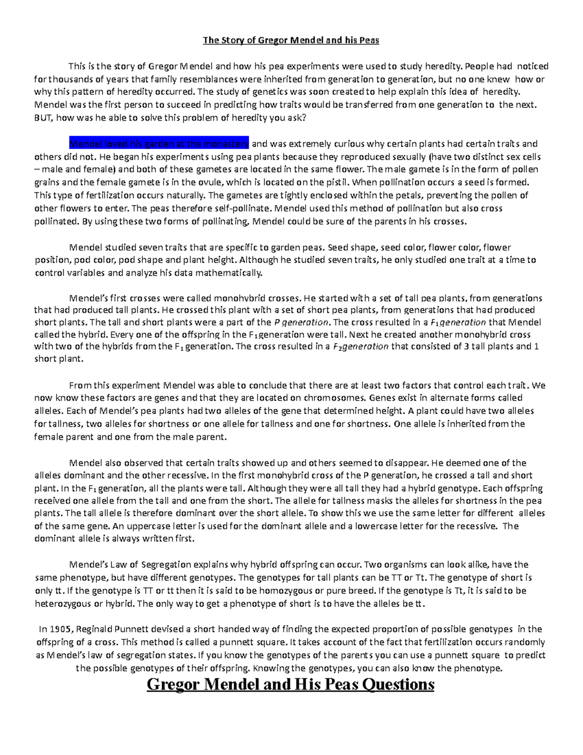 11 gregor mendel and his peas reading and questions - The Story of ...