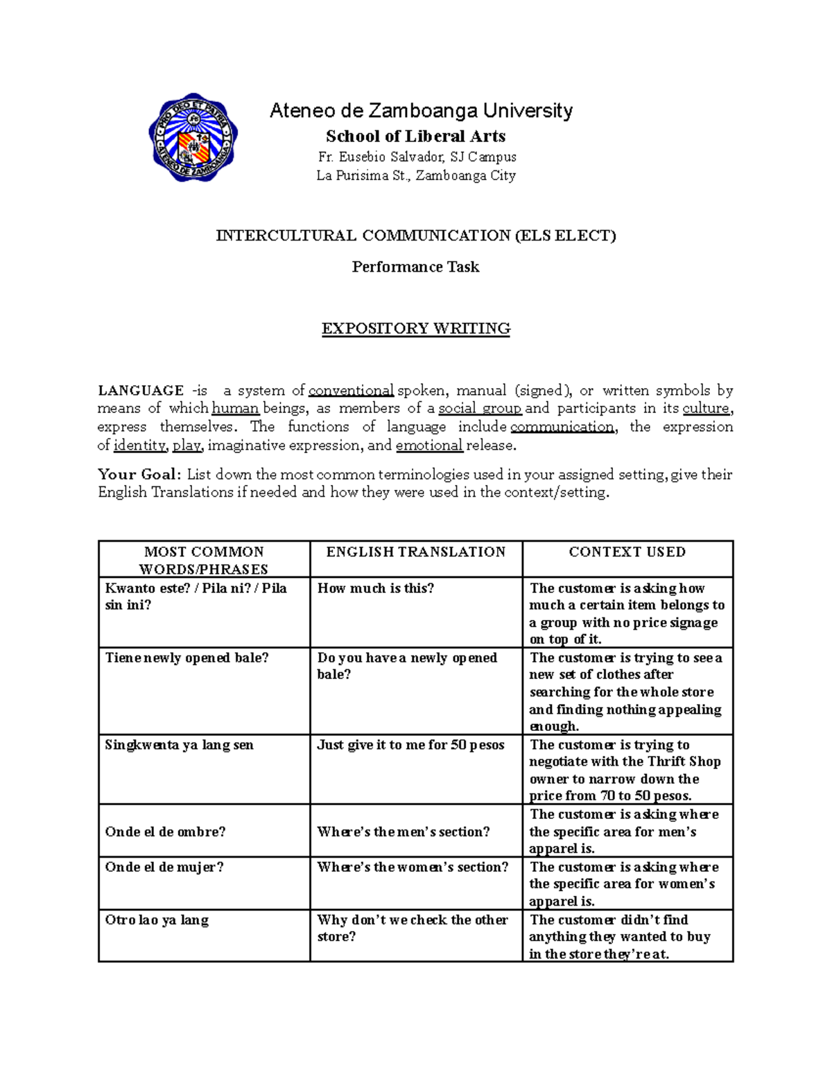 ELSElect PT Pecato - PERFORMANCE TASK 1 - Ateneo de Zamboanga ...