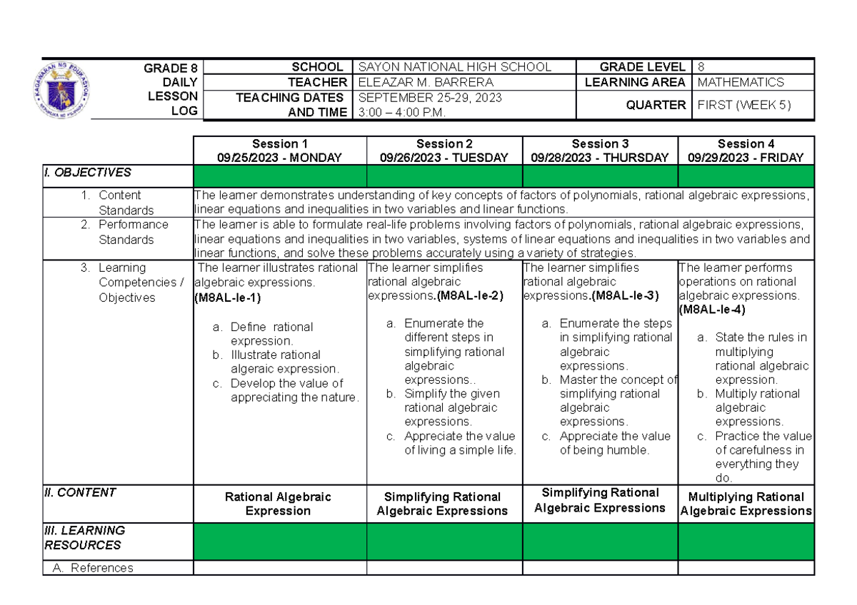 G8DLL Q1 W3 - n/a - GRADE 8 DAILY LESSON LOG SCHOOL SAYON NATIONAL HIGH ...