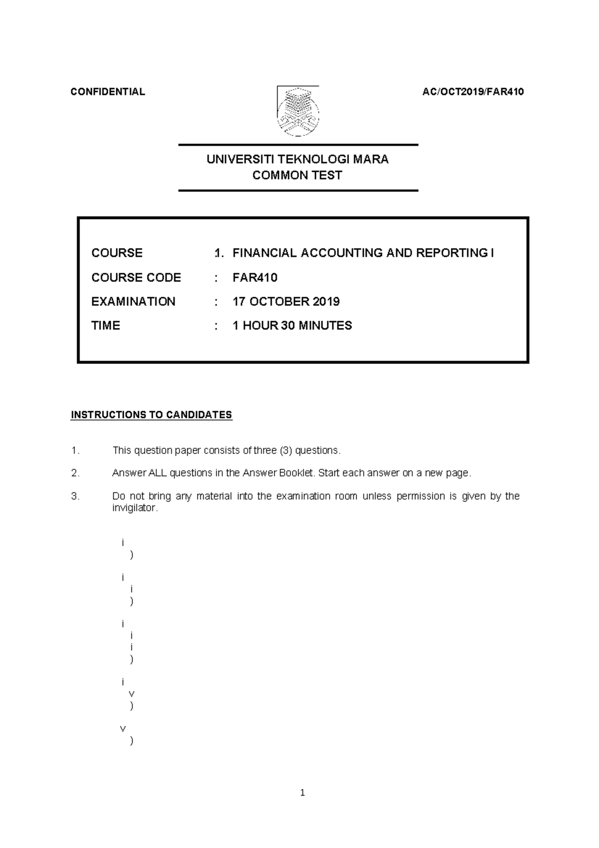 FAR test oct 2019_Question_Try your best - CONFIDENTIAL AC/OCT2019/FAR ...