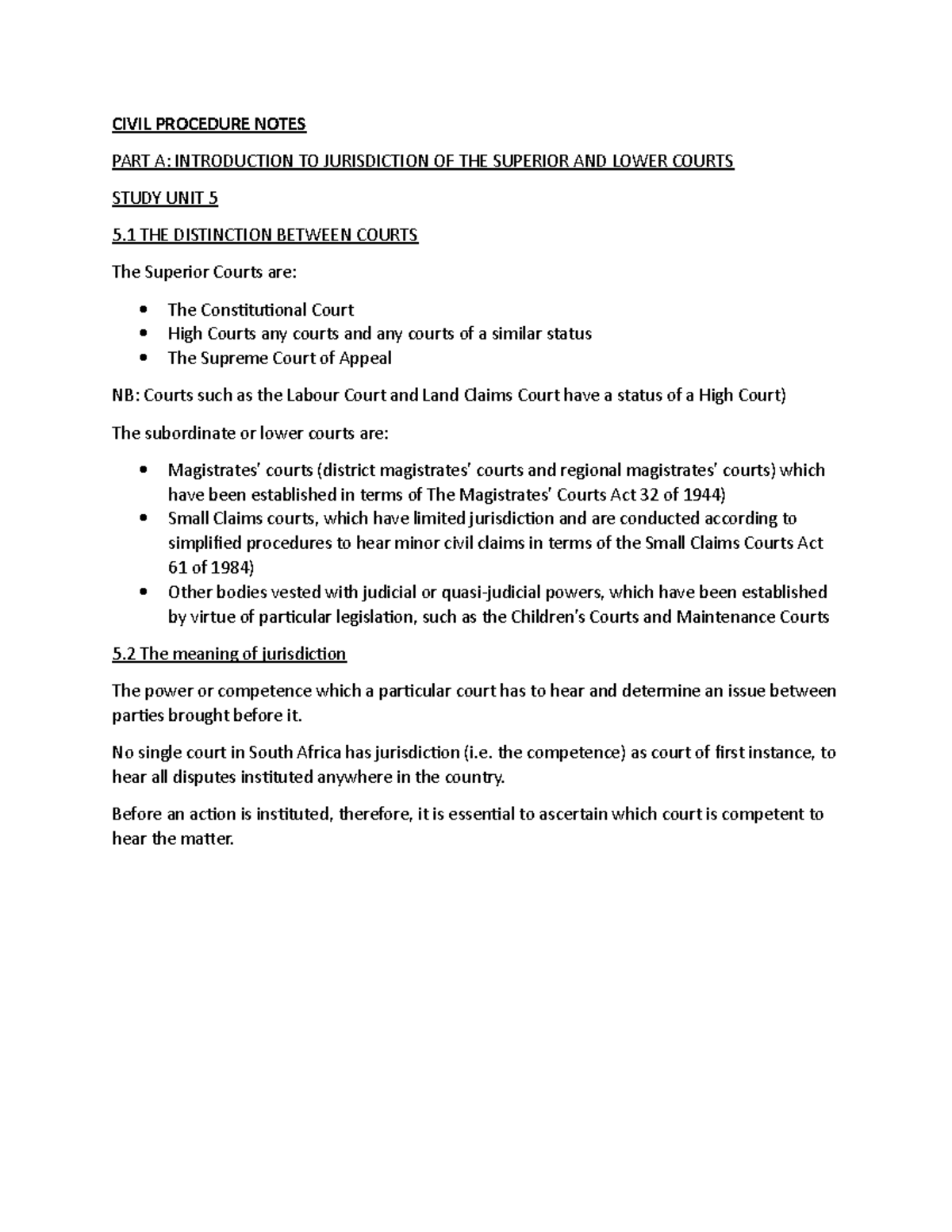 Civil Procedure Notes - CIVIL PROCEDURE NOTES PART A: INTRODUCTION TO ...