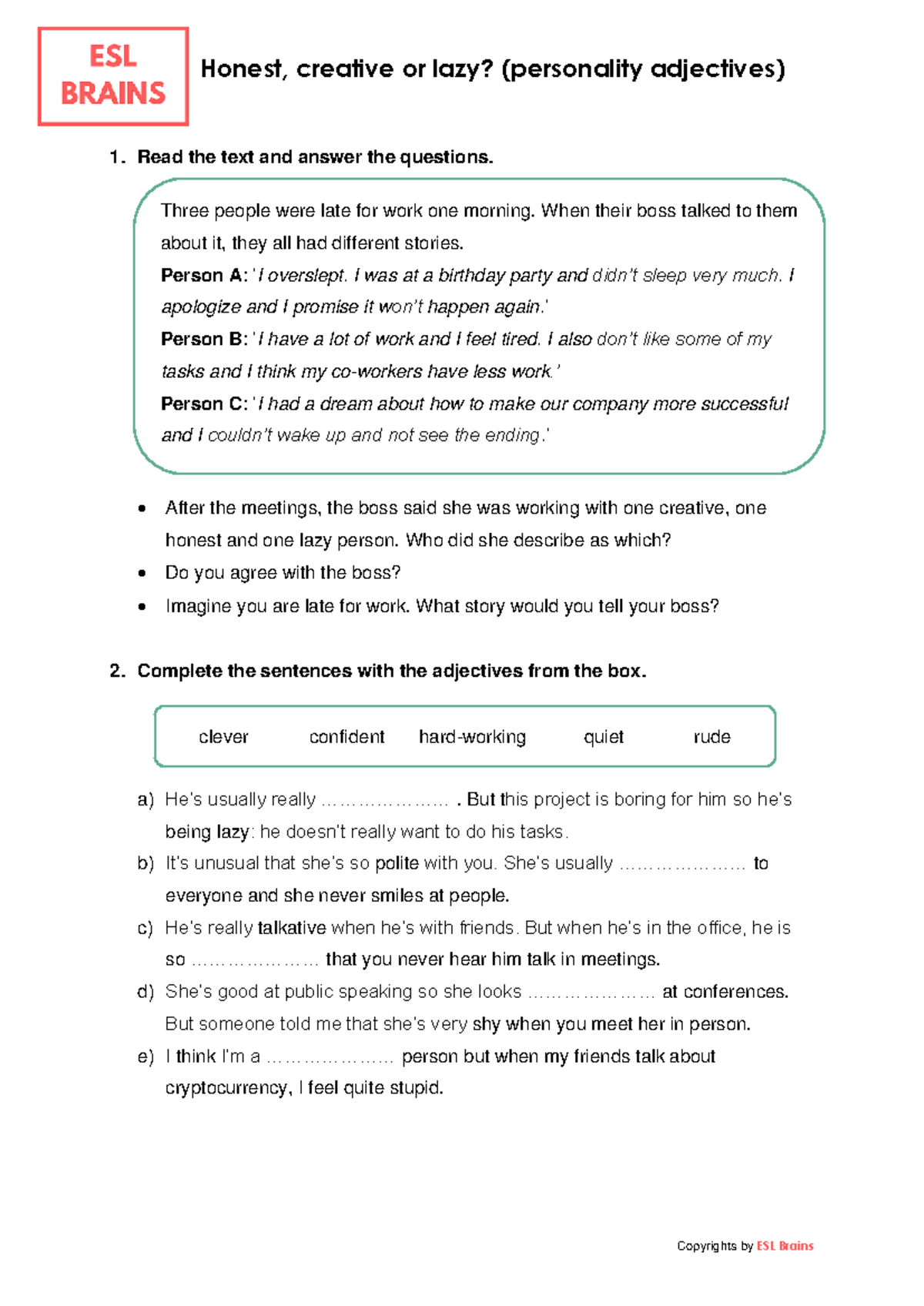 ESL-Brains-Honest-creative-or-lazy-personality-adjectives- Student'S ...