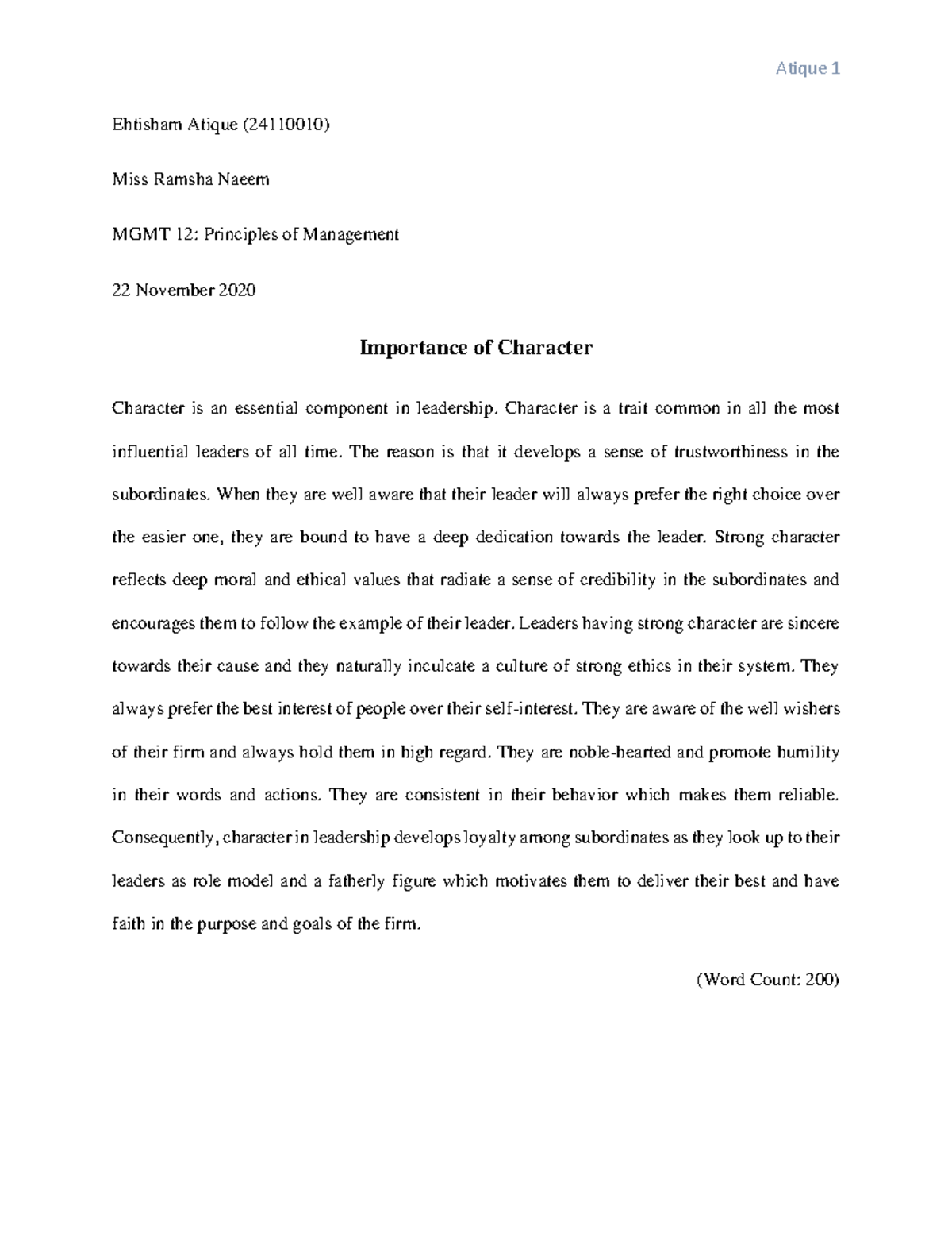 MGMT-assignment 2 - this is an assignment - Atique 1 Ehtisham Atique ...