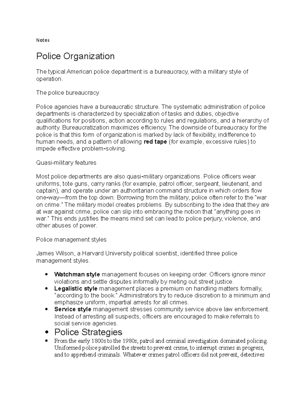 Document 62 - crime - Notes Police Organization The typical American ...