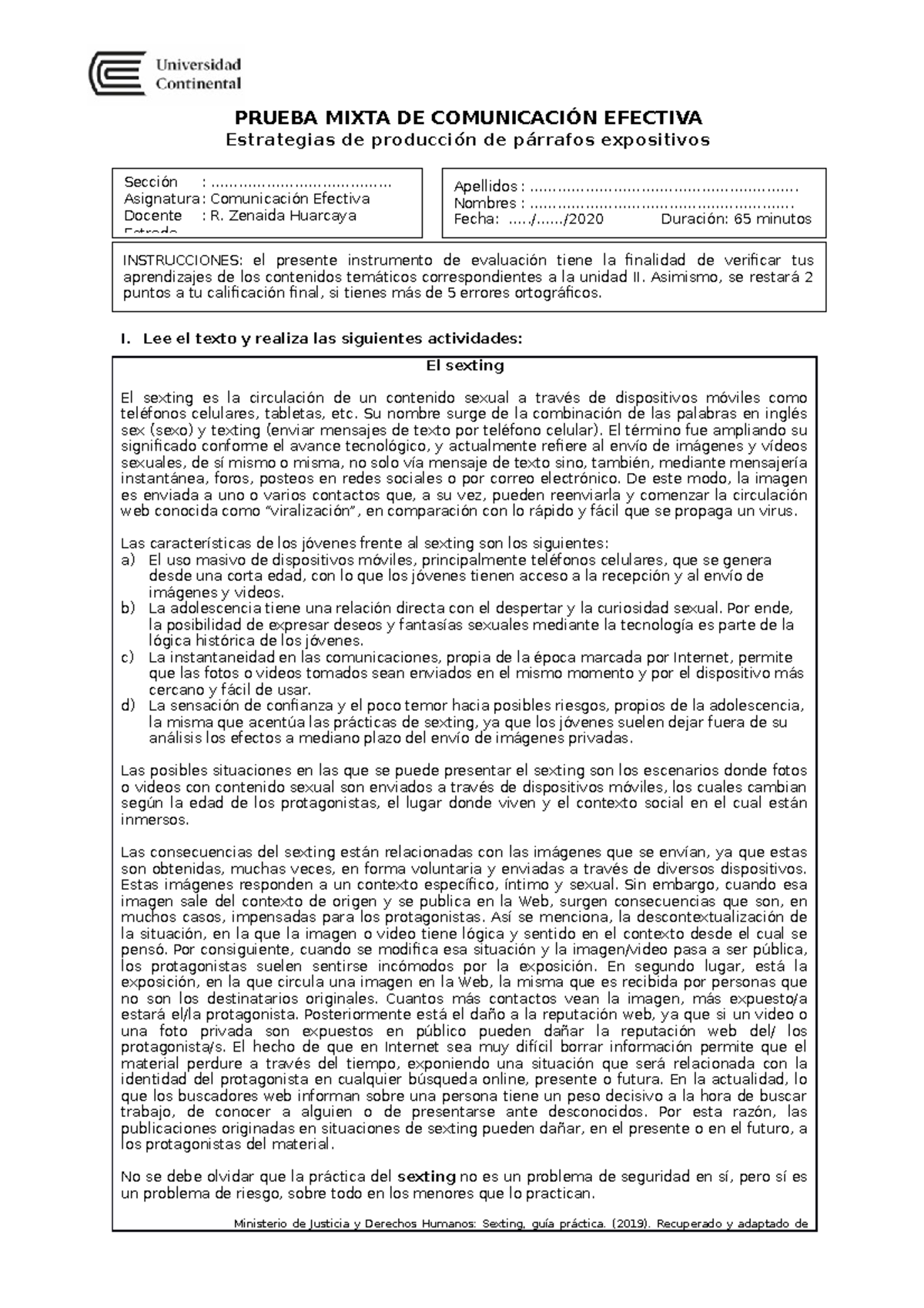 Evaluación Parcial - Comunicación Efectiva - Blended - PRUEBA MIXTA DE COMUNICACIÓN EFECTIVA ...