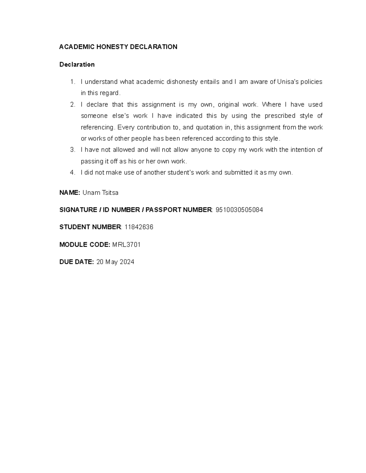 MRL3701 May Exam 2024 - May/June Exam 2024 - ACADEMIC HONESTY ...