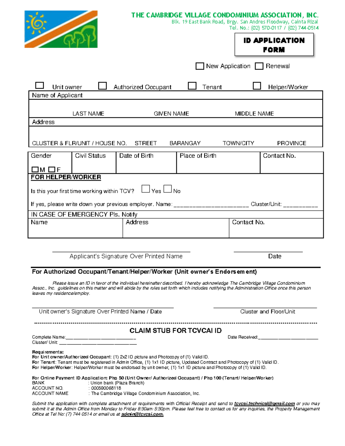 ID Application V4.0 TCV (WITH Claim STUB) - THE CAMBRIDGE VILLAGE ...