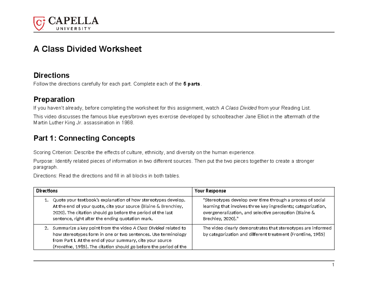 Cf a class divided worksheet - A Class Divided Worksheet Directions ...