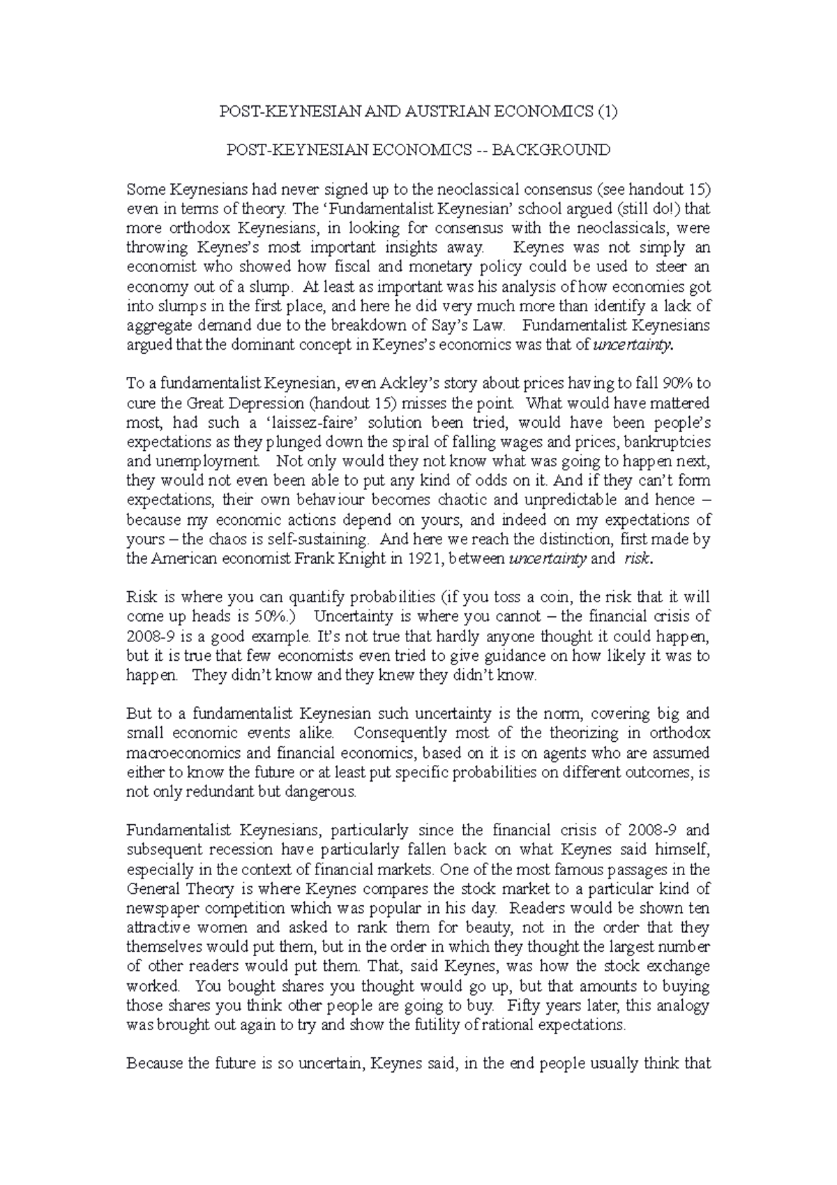 Handout 19 - Lecture notes 19 - POST-KEYNESIAN AND AUSTRIAN ECONOMICS ...