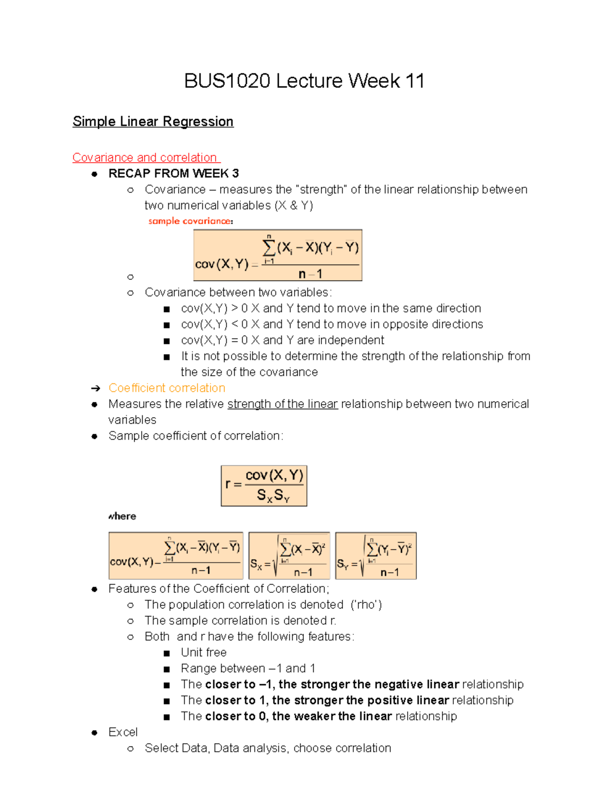 BUS1020 Lecture Week 11 - Both and r have the following features: 𝜌 Unit free Range between –1 ...