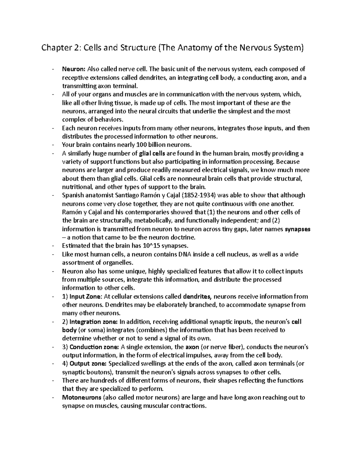 CH2 Neuro - Lecture notes 2 - Chapter 2: Cells and Structure (The ...