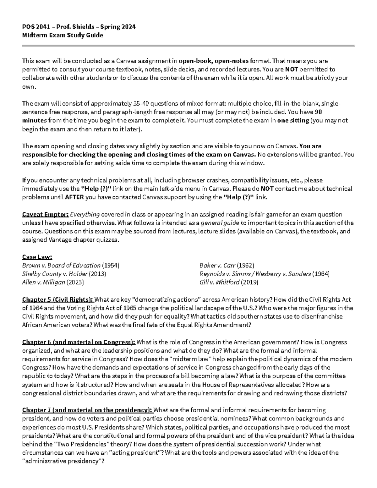 Pos2041 midterm study guide - POS 2041 – Prof. Shields – Spring 2024 ...