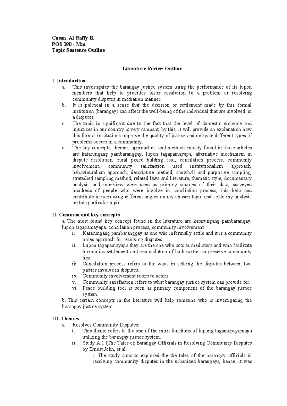Sentence Outline - Casan, Al Raffy B. POS 190 - Mm Topic Sentence ...