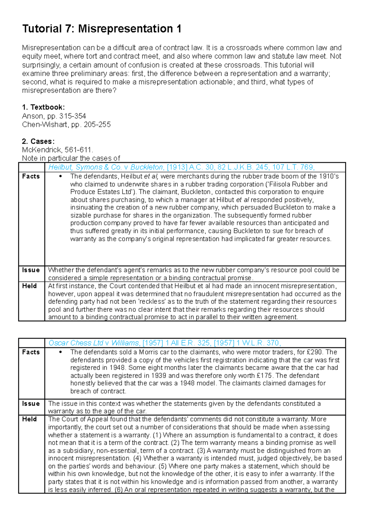 Contract- T7- misrepresentation 1 - Tutorial 7: Misrepresentation 1 Misrepresentation can be a ...