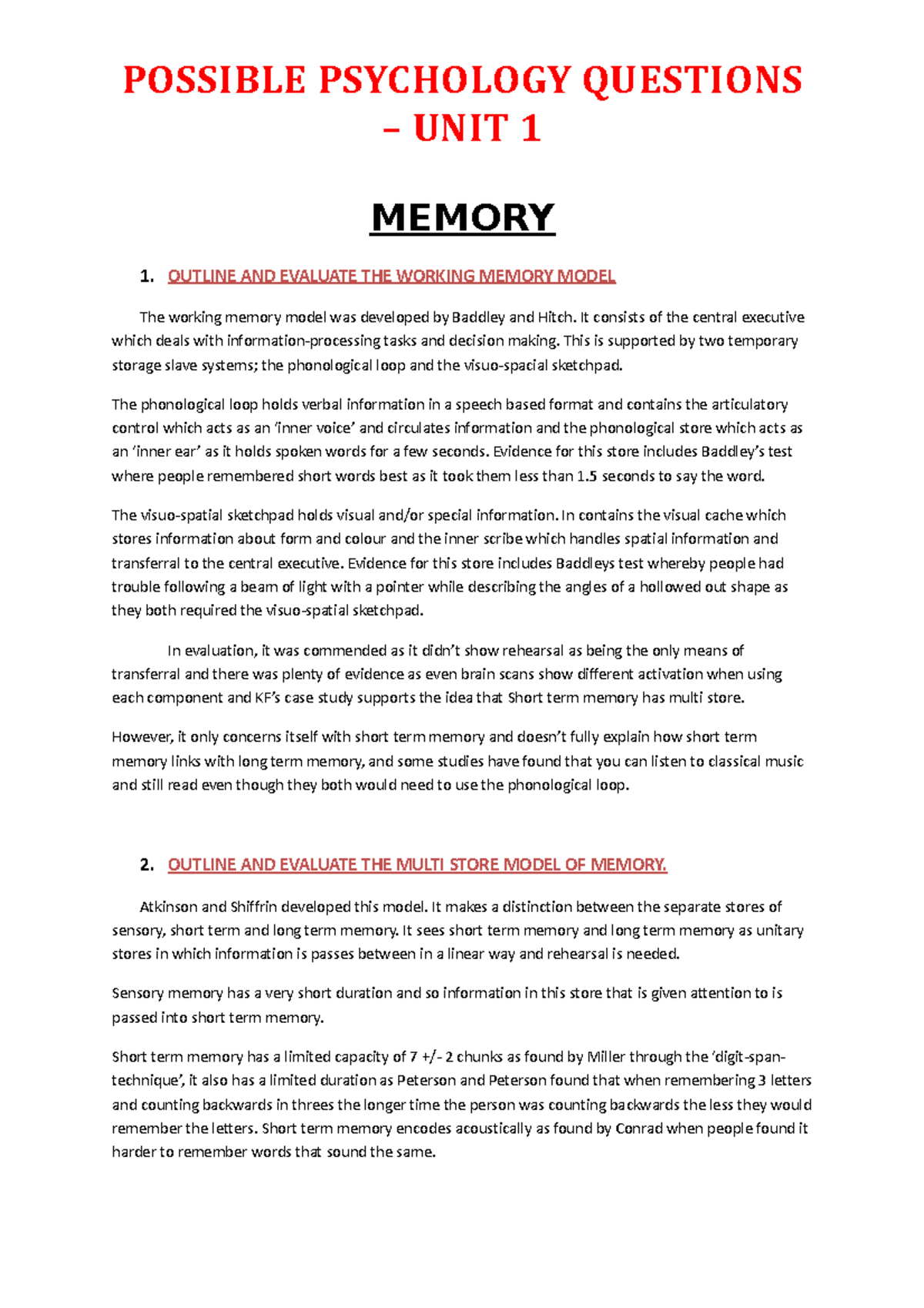 All possible questions - UNIT ONE - POSSIBLE PSYCHOLOGY QUESTIONS ...