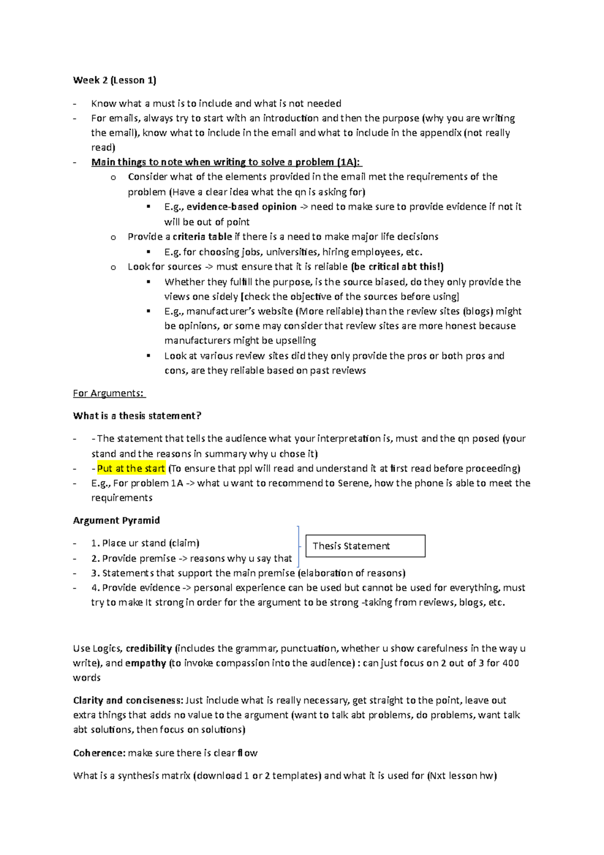 Notes - Week 2 (Lesson 1) Know what a must is to include and what is ...