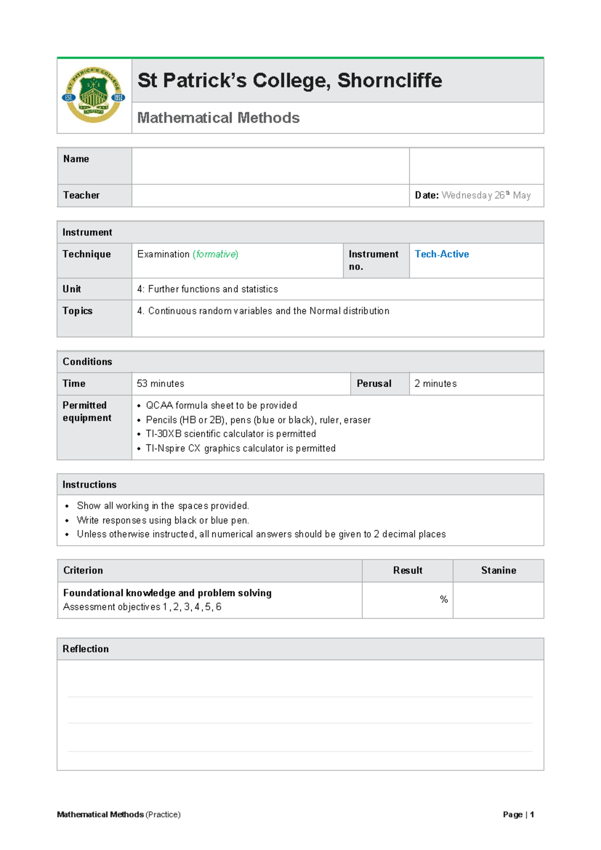 MMT Unit 4 Formative Exam 4 CRV and Normal - St Patrick’s College ...