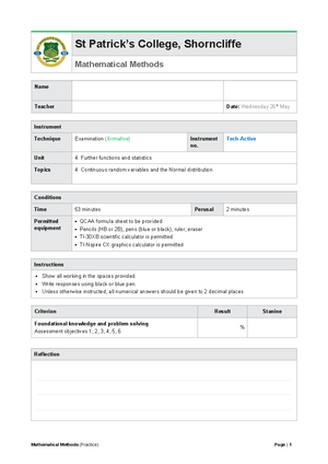 Maths Methods IA1 Assessment - IA1 PSMT, recieved 18/20 - MATHS METHODS ...