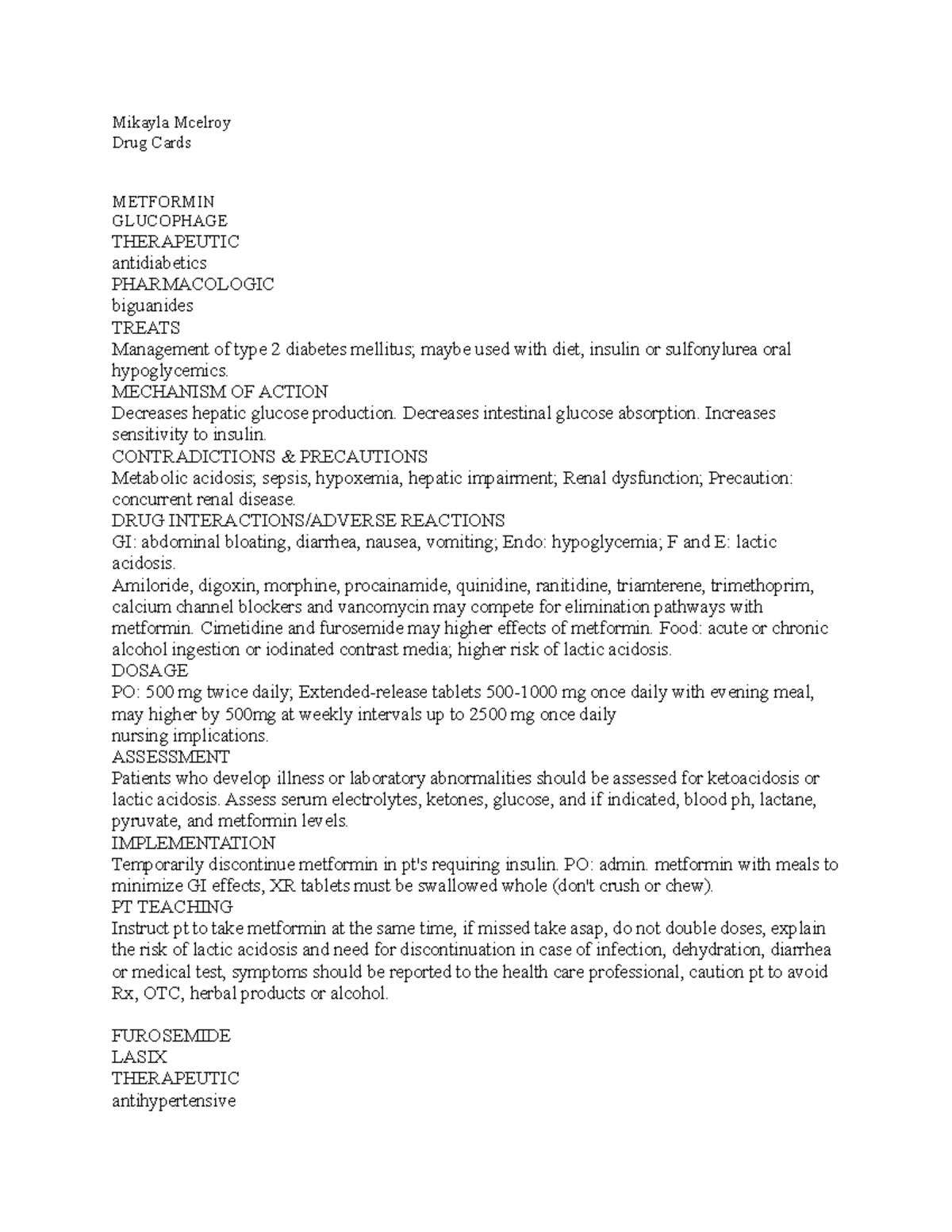 Drug cards clinical - Mikayla Mcelroy Drug Cards METFORMIN GLUCOPHAGE ...