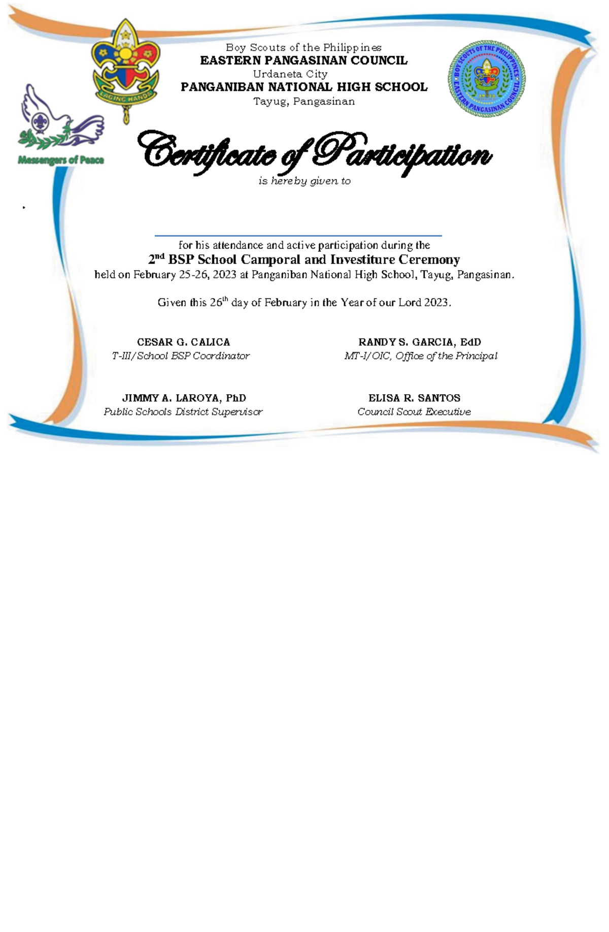 Cert BSP camporal - Sample BSP cert - Boy Scouts of the Philippines ...
