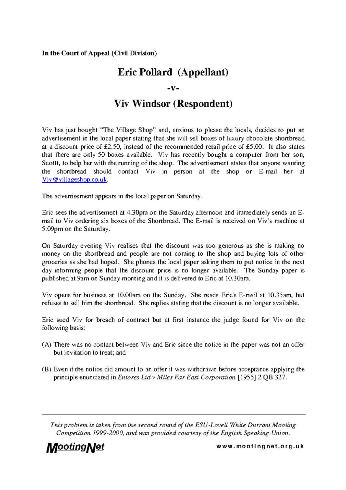 Eric Pollard v Viv Windsor Contract law practice round case - In the ...