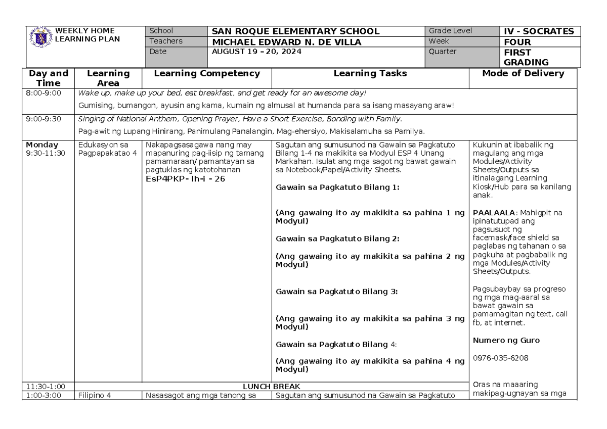 WHLP- Grade 4 (Q1 Week 4) - WEEKLY HOME LEARNING PLAN School SAN ROQUE ...