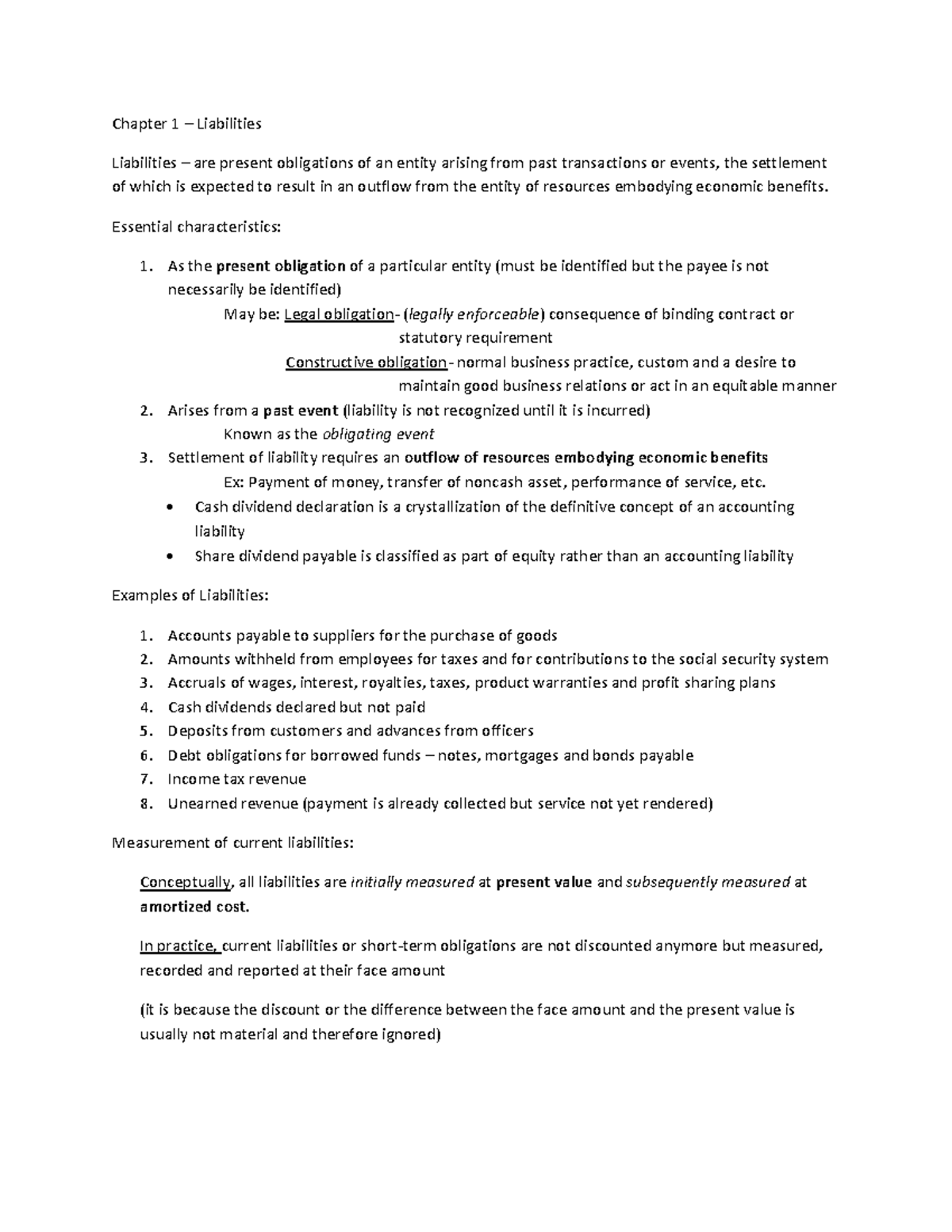 Pdfcoffee - Liabilities - Intermediate Accounting 2 - Chapter 1 – Liabilities Liabilities – are ...