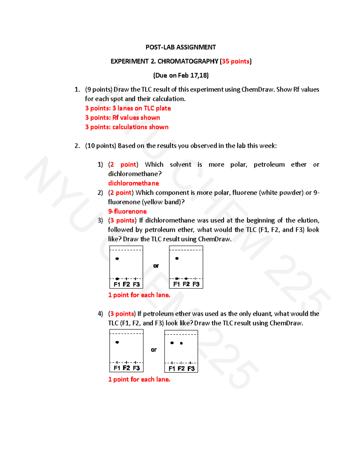 Exp2Chromatography Postlab Key - Copy - NYU CHEM 225 NYU CHEM 225 POST-LAB ASSIGNMENT EXPERIMENT ...