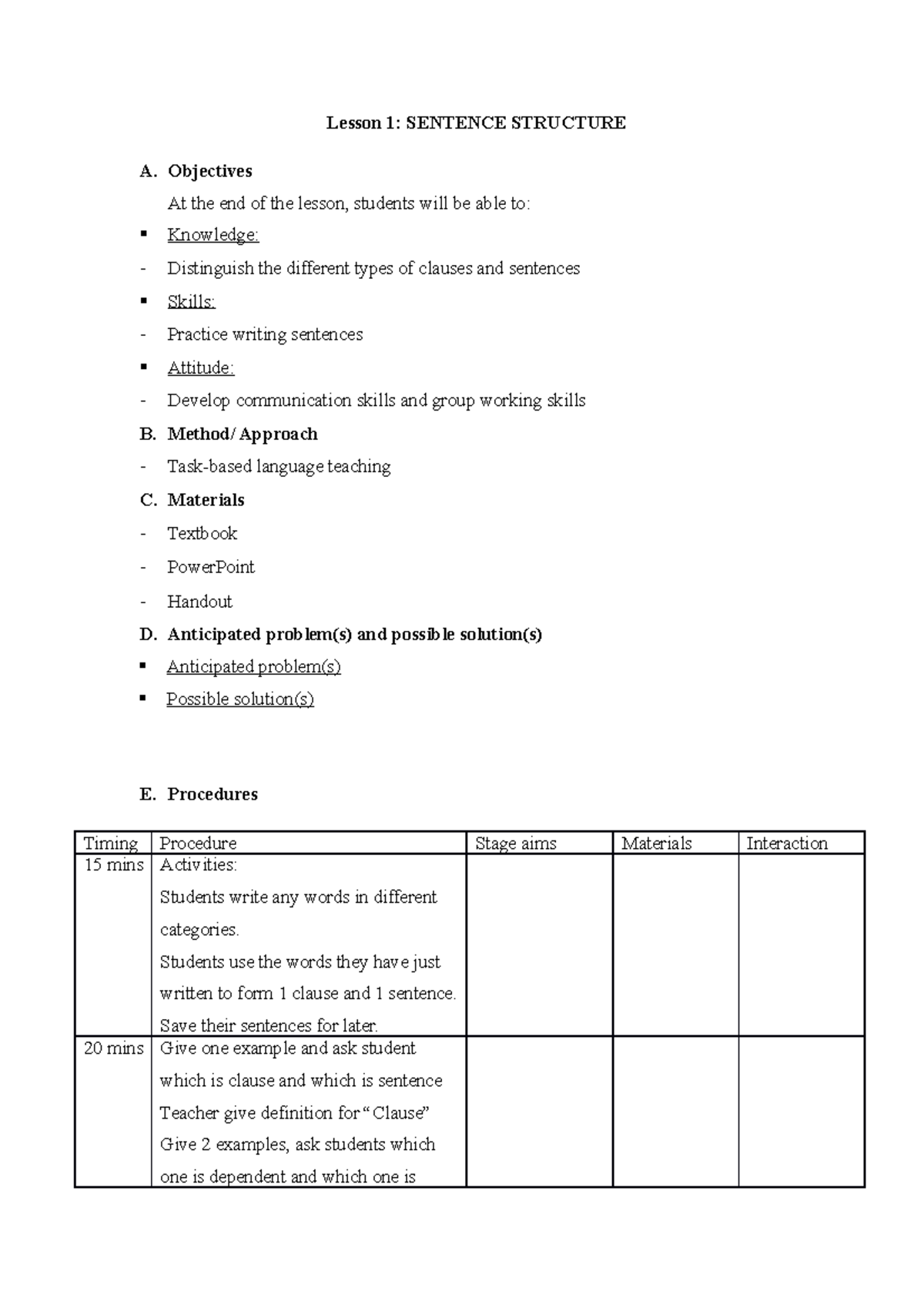 Lesson 1 sentence structure - Lesson 1: SENTENCE STRUCTURE A ...