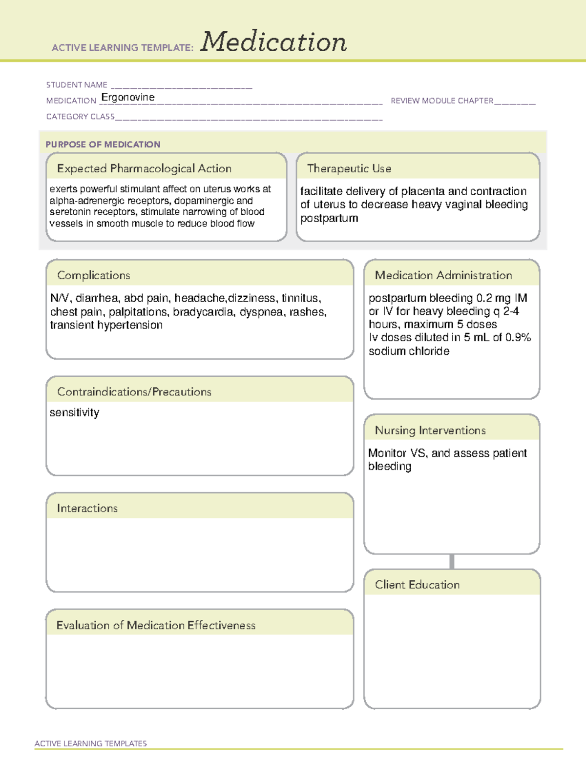 Ergonovine - med card - ACTIVE LEARNING TEMPLATES Medication STUDENT ...