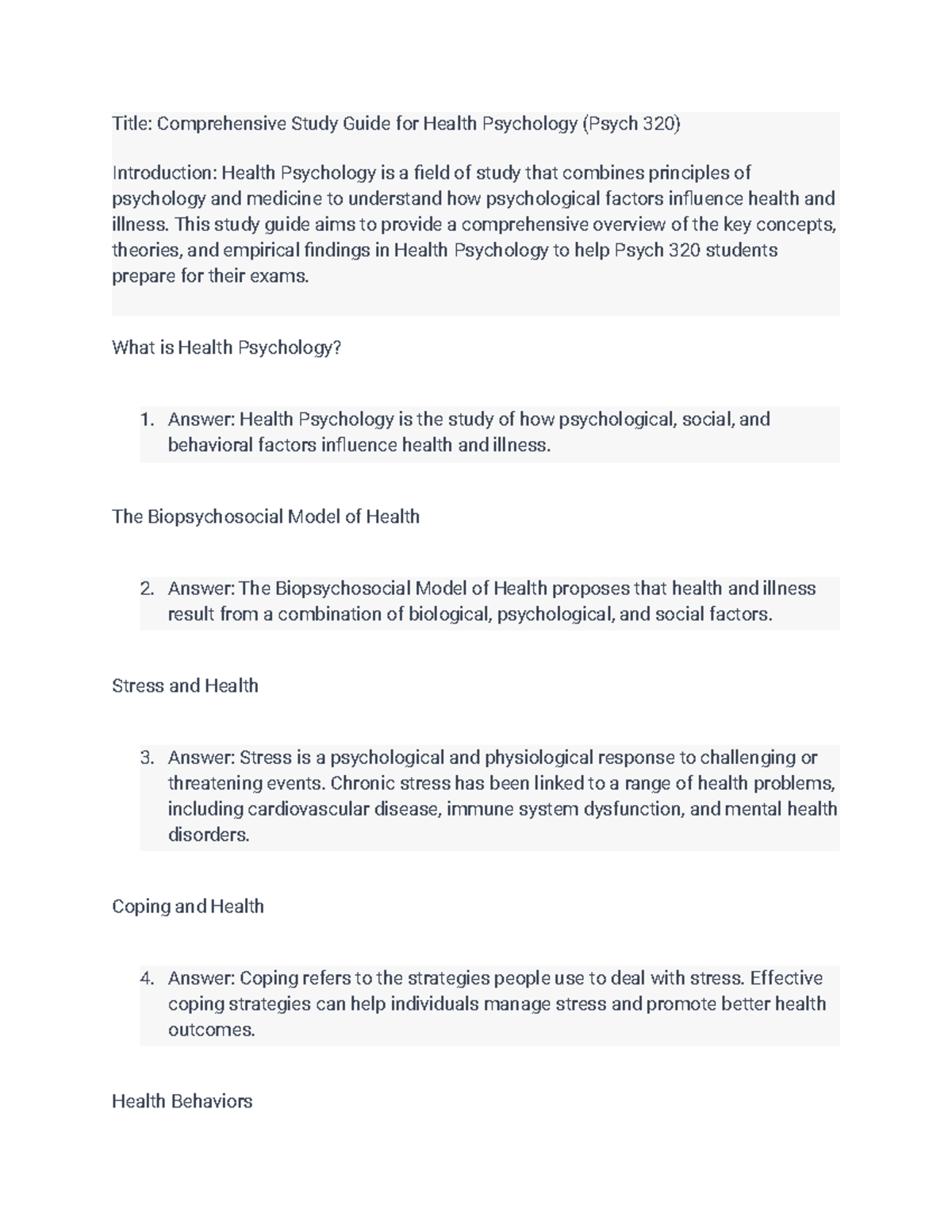 Title Comprehensive Study Guide for Health Psychology (Psych 320 ...