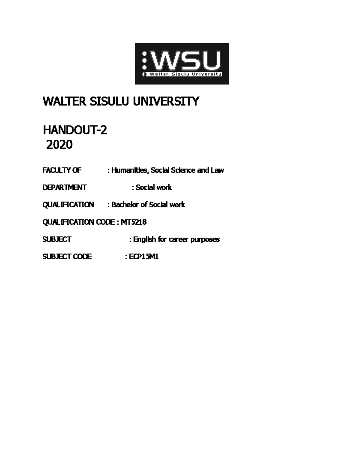 WSU SWK English Module Handout-2 2020 - WALTER SISULU UNIVERSITY ...