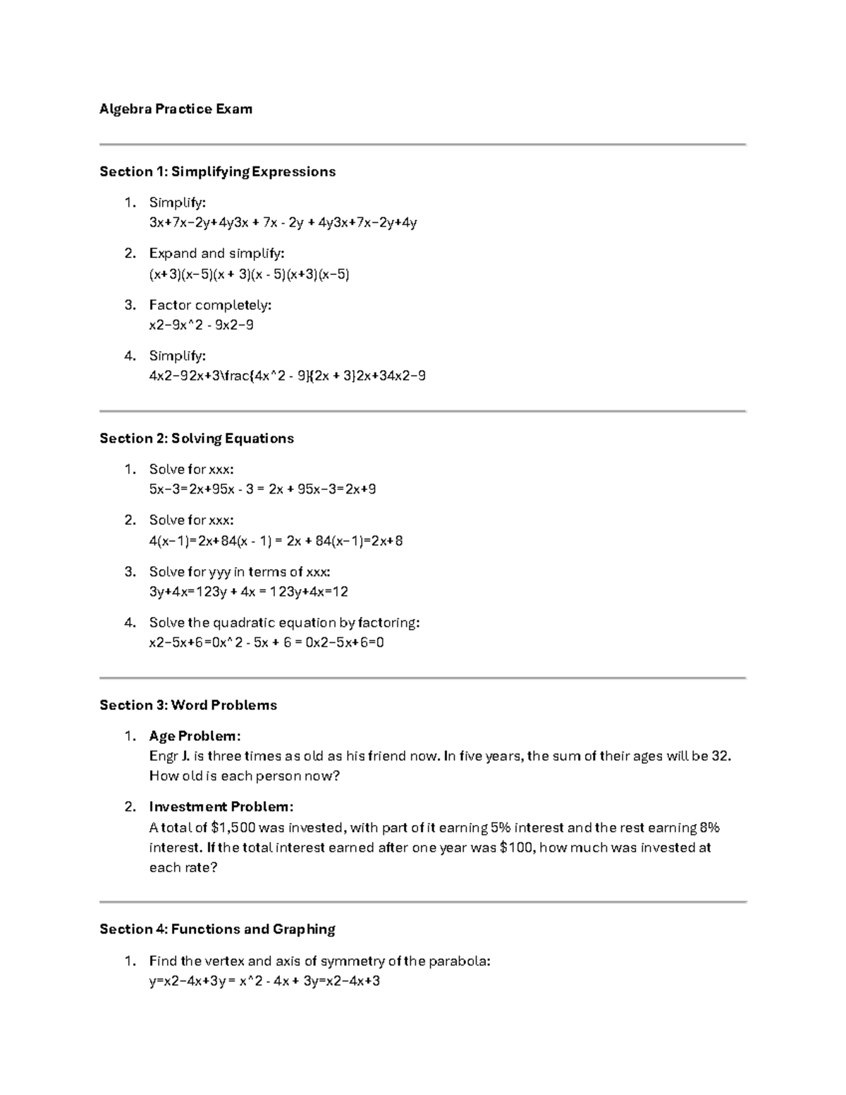 Algebra Practice Exam - Algebra Practice Exam Section 1: Simplifying Expressions 1. Simplify ...