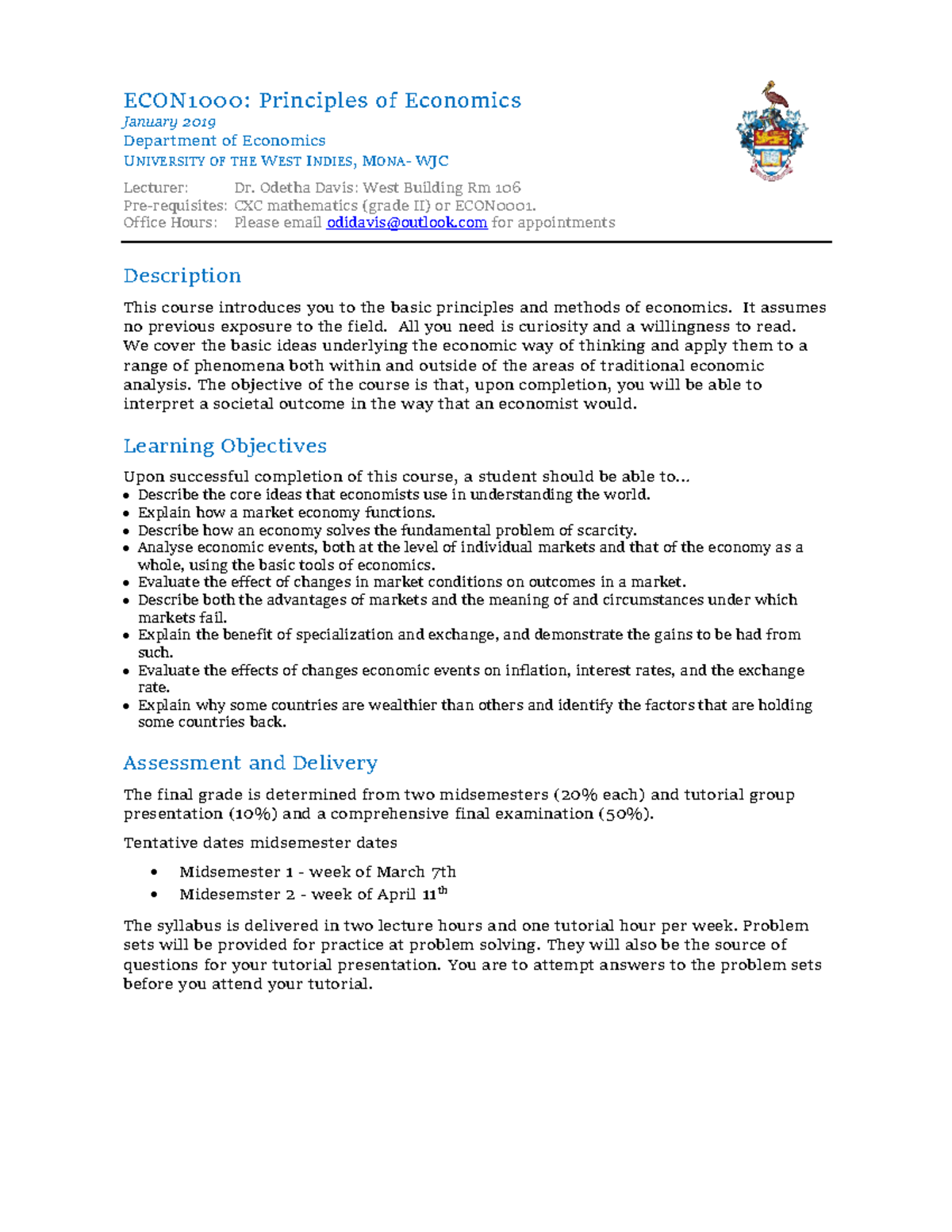 Course Outline- ECON 1000- Jan2019 - ECON1000: Principles of Economics ...