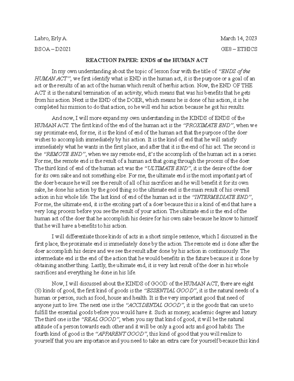 Ethics - Labro, Erly A. March 14, 2023 BSOA – D2021 GE8 – ETHICS ...