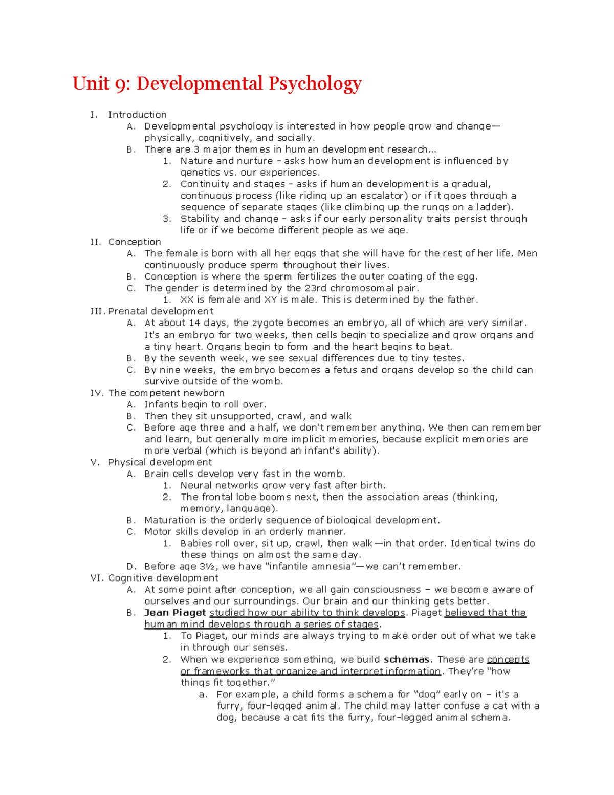 Intro to Psych Unit 9 Notes - Unit 9: Developmental Psychology I ...