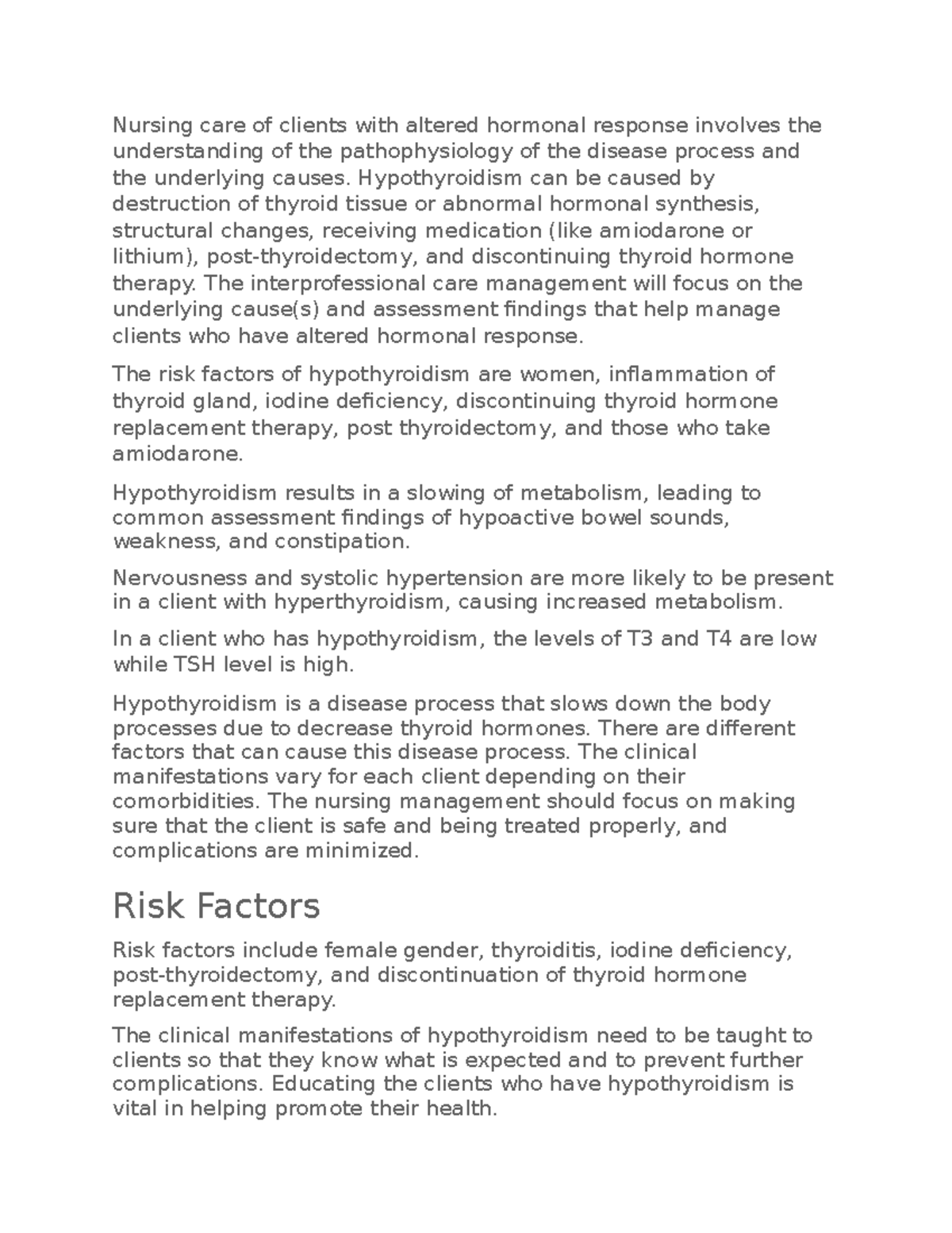 Hypothyroidism - notes - Nursing care of clients with altered hormonal ...
