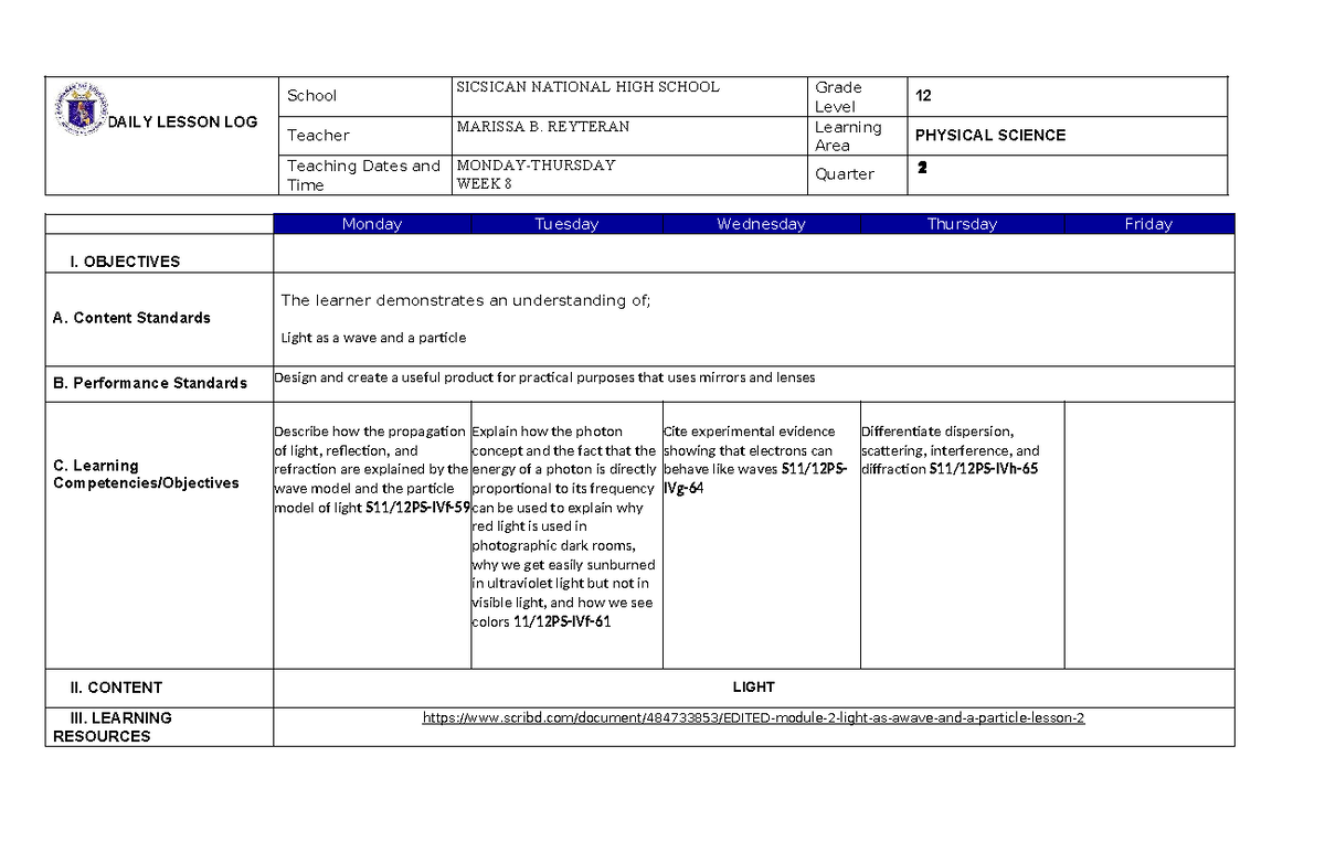 Grade-12-Q2 W8 - DAILY LESSON LOG School SICSICAN NATIONAL HIGH SCHOOL ...