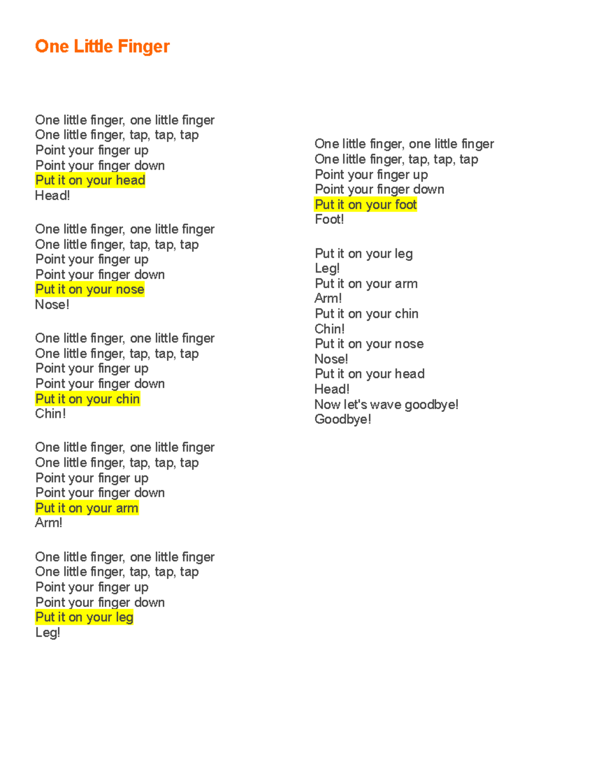 My little finger - Ingles - One Little Finger One little finger, one ...