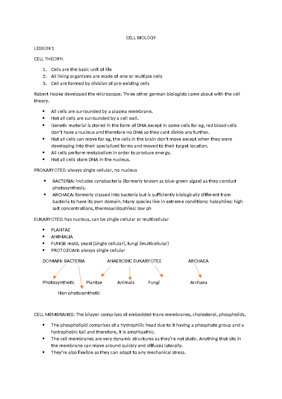 Cell bio L2 - notes - CELL BIOLOGY LESSON 1 CELL THEORY: Cells are the ...