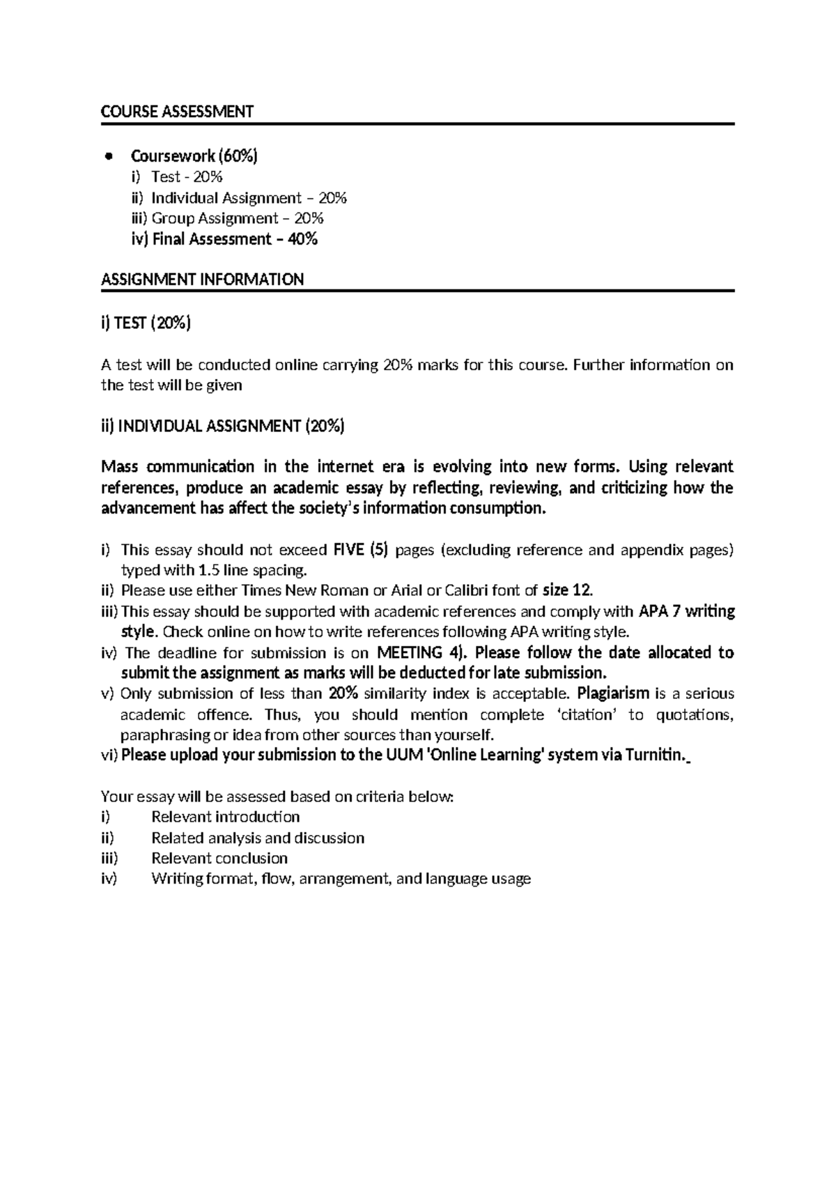 Ii) Individual Assignment (20%) - COURSE ASSESSMENT Coursework (60%) i ...