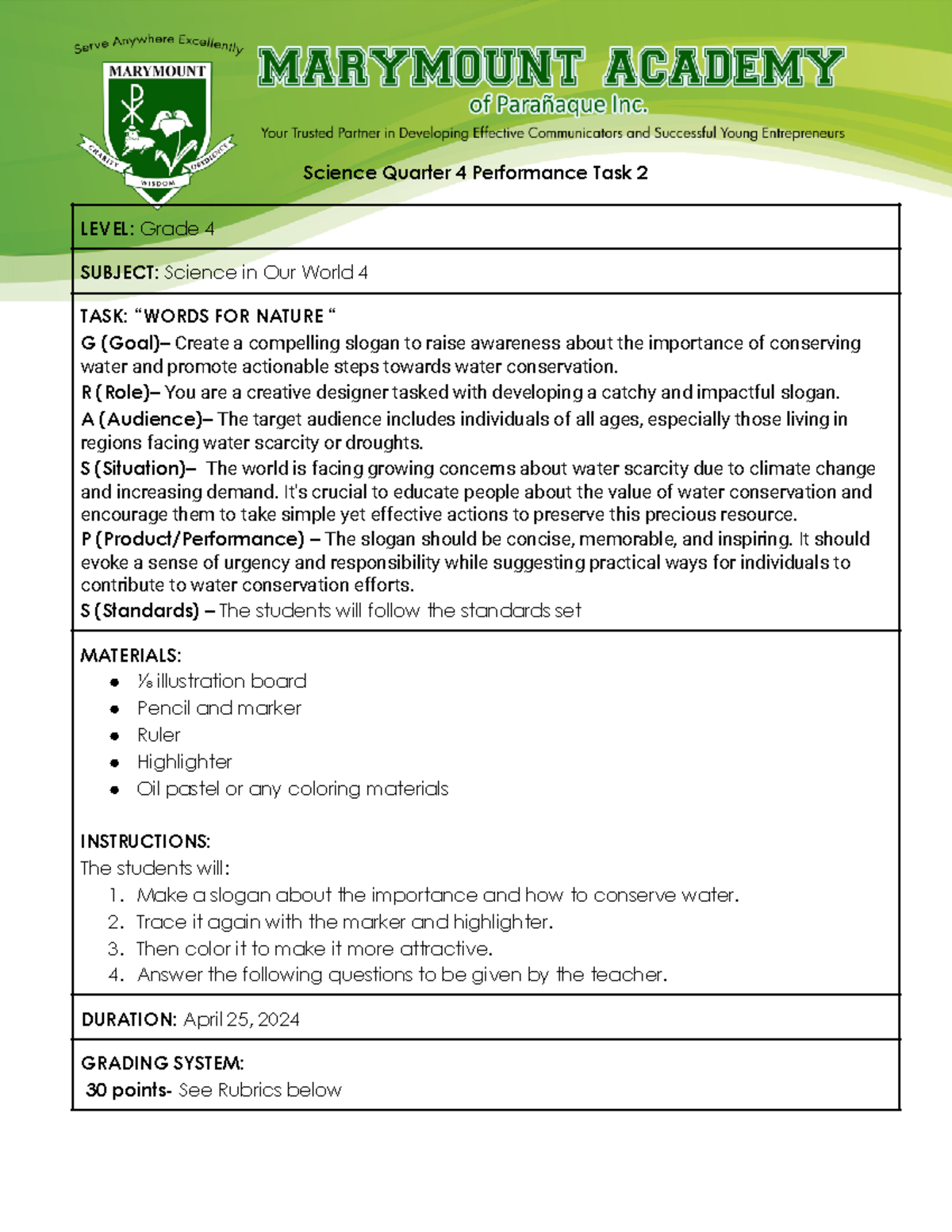PT 2 - Science Quarter 4 Performance Task 2 LEVEL: Grade 4 SUBJECT ...