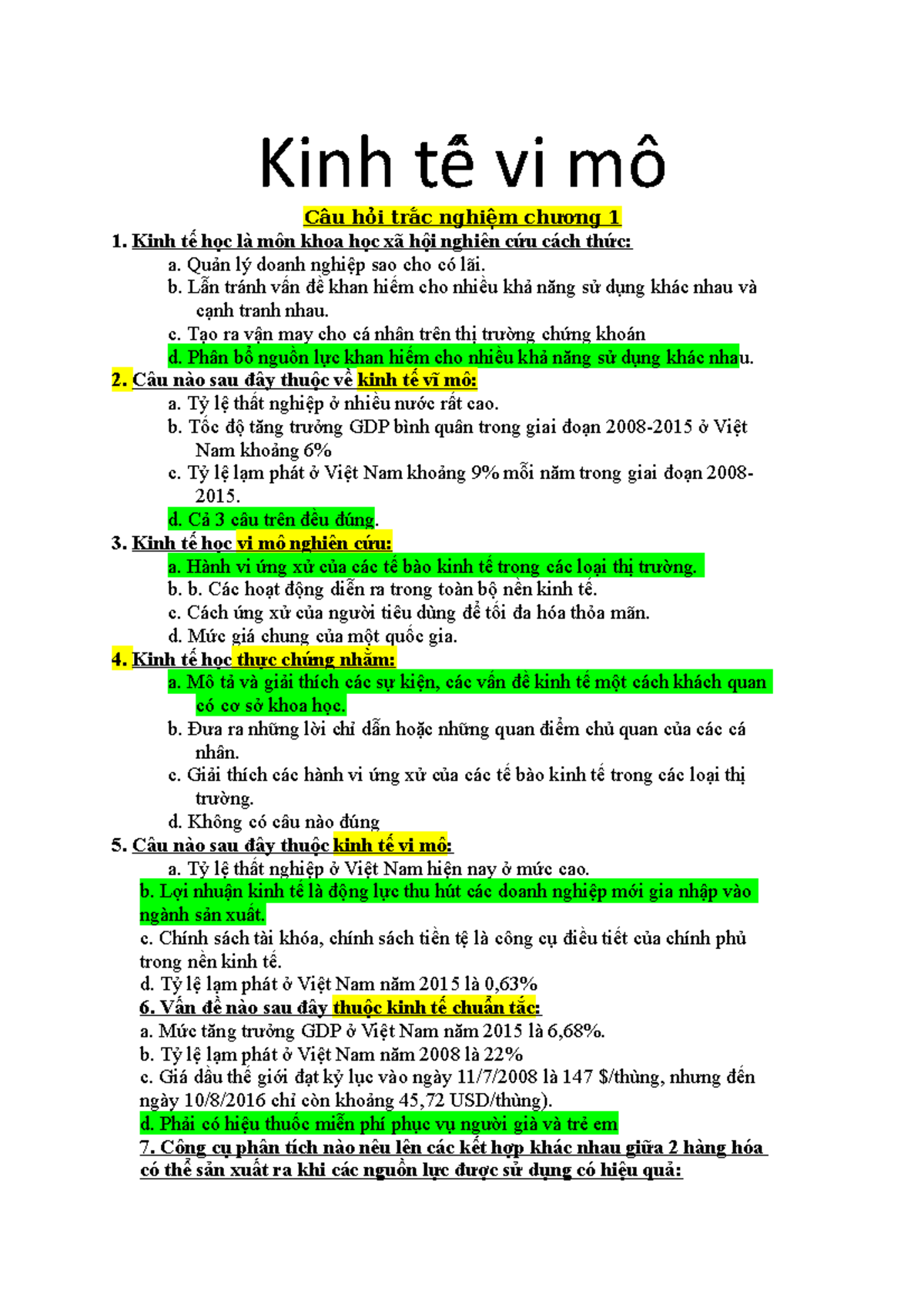 Kinh-tế-vi-mô - ktvm - Kinh tếế vi mô Câu hỏi trắc nghiệm chương 1 Kinh tế học là môn khoa học ...