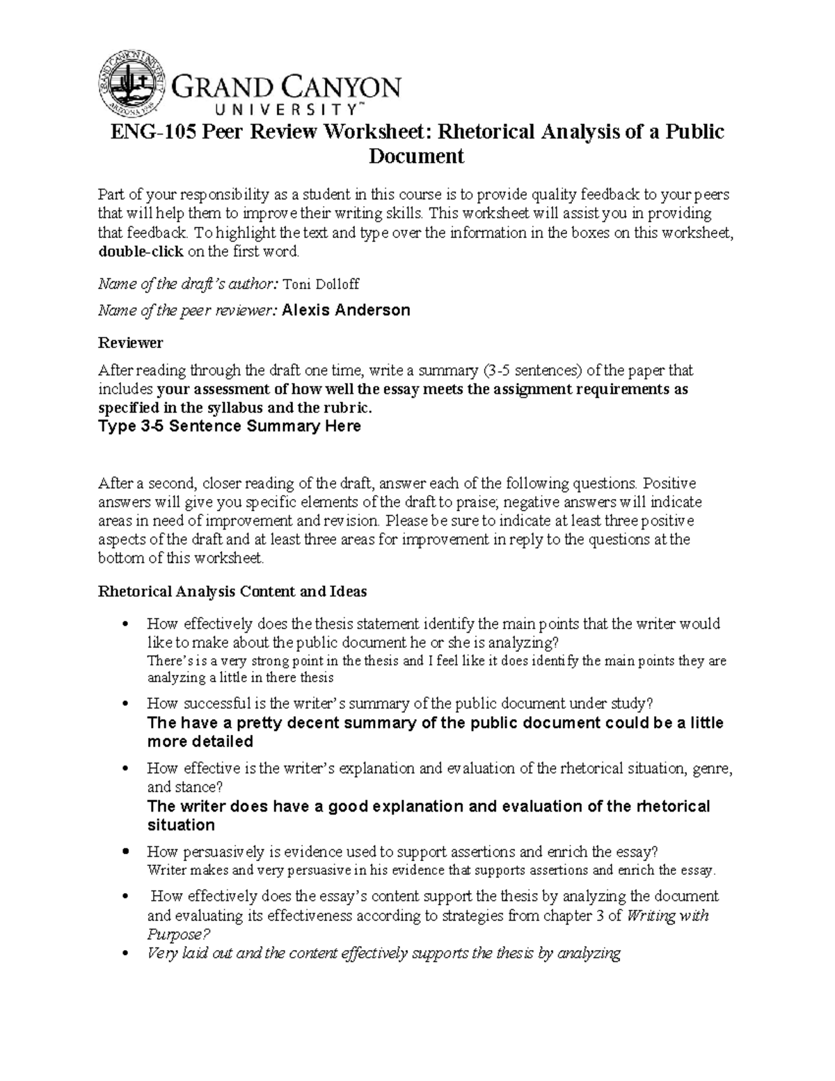 ENG-105-RS-Rhetorical Analysis Peer Review Worksheet Online 2 - ENG-105 ...