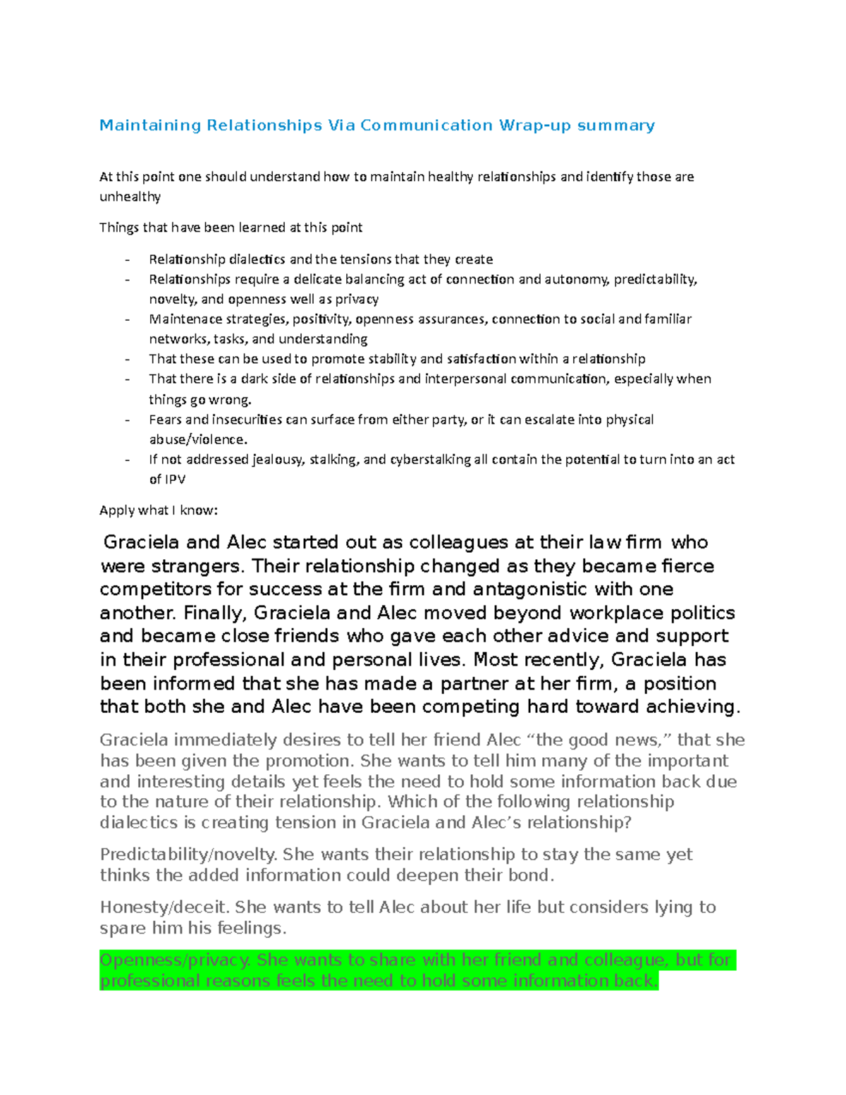 Maintaining Relationships Via Communication Wrap-up summary - Fears and ...