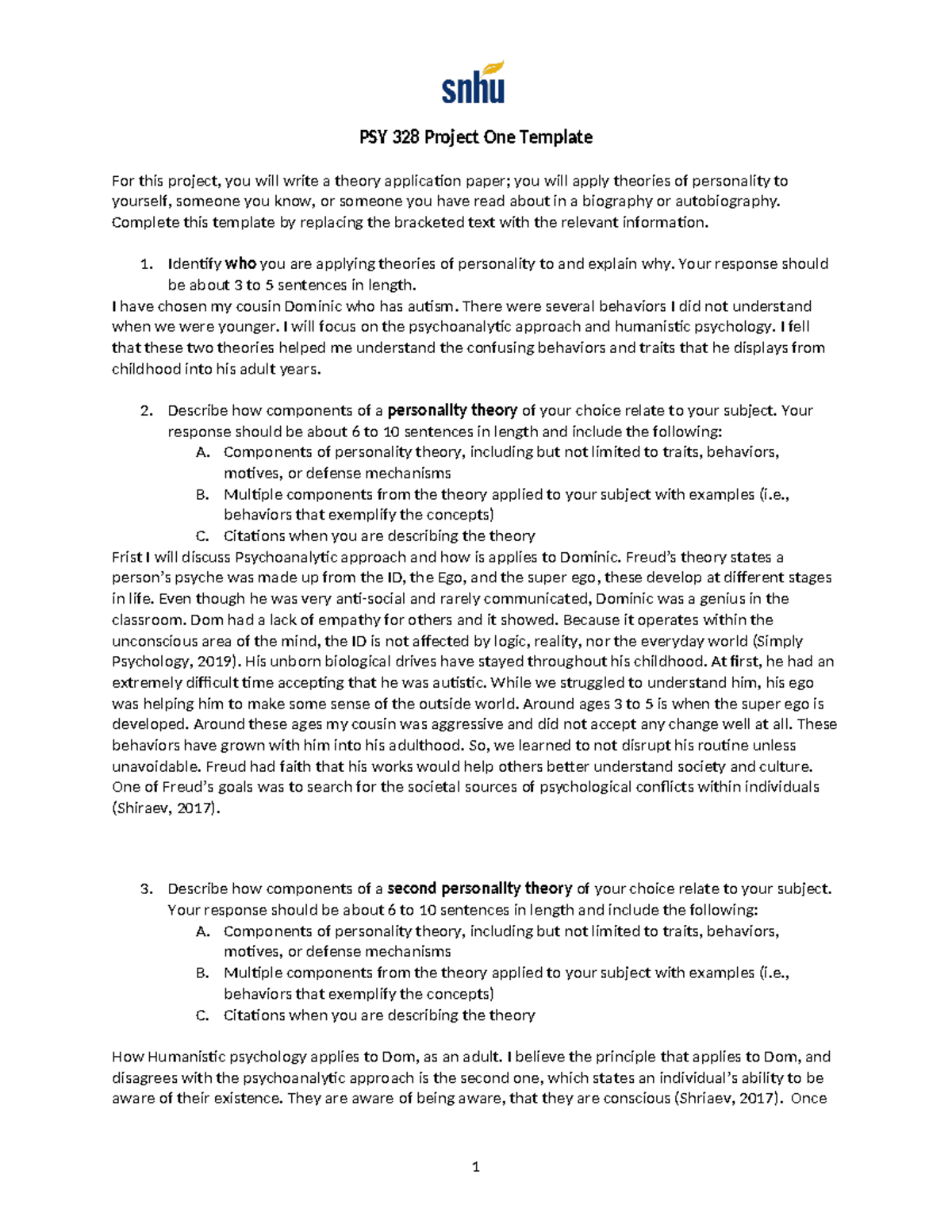 PSY 328 Project One Template - PSY 328 Project One Template For this ...